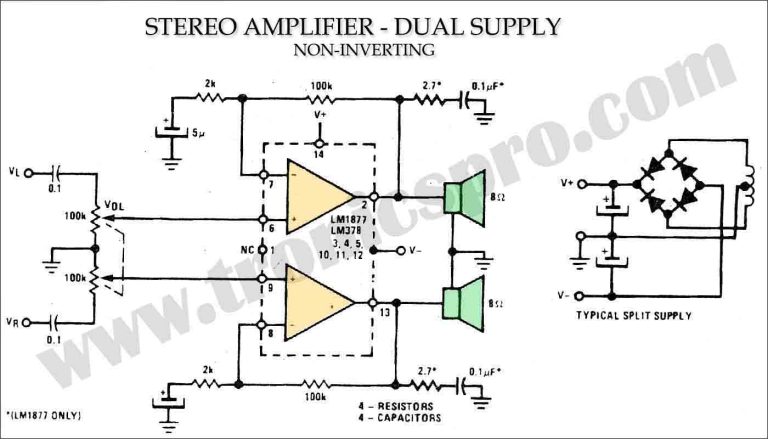 Stereo Amplifier Dual Supply Circuit Diagram - TRONICSpro