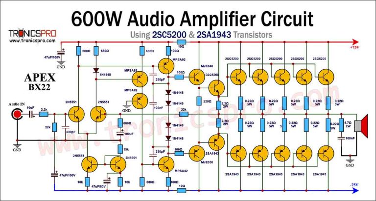 600W Audio Amplifier Circuit using 2SC5200 2SA1943 - Apex BX22